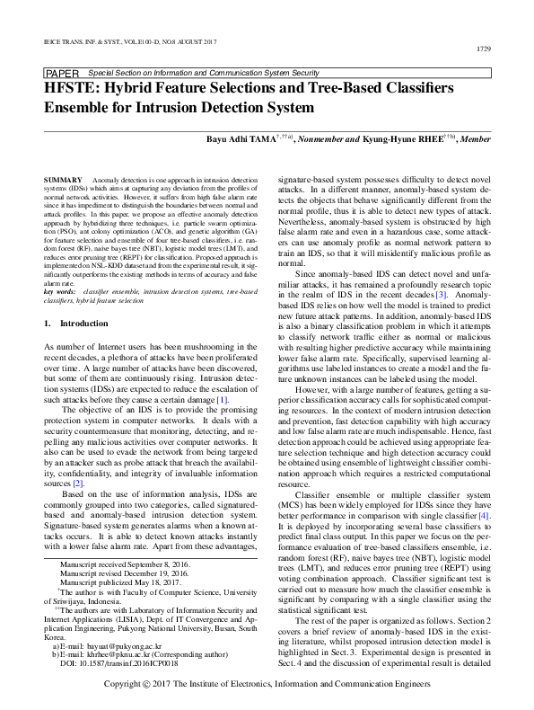 (PDF) HFSTE: Hybrid Feature Selections and Tree-Based Classifiers Ensemble for Intrusion ...