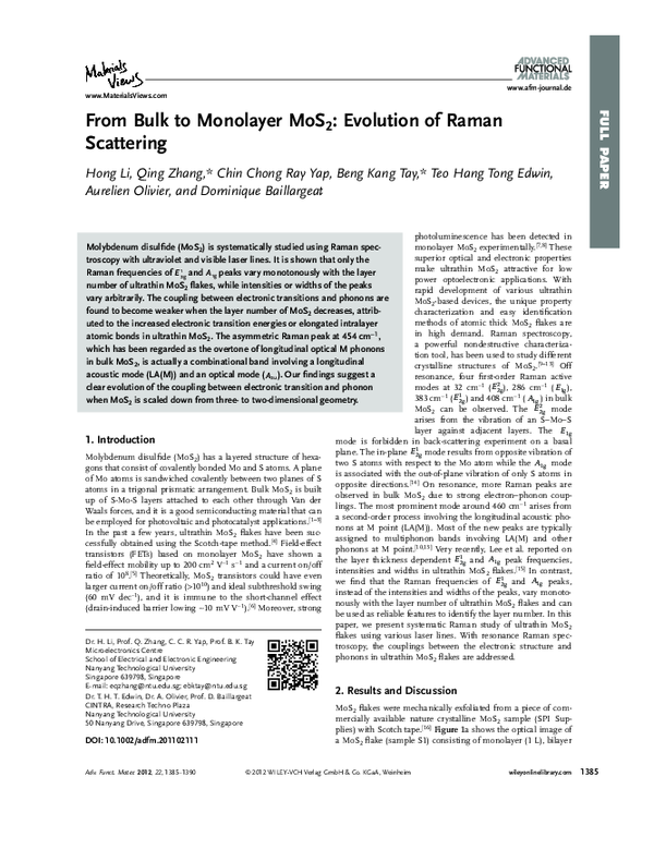 (PDF) From Bulk to Monolayer MoS2: Evolution of Raman Scattering