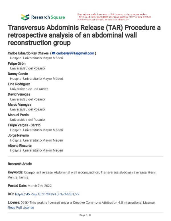 (PDF) Transversus Abdominis Release (TAR) Procedure a retrospective ...