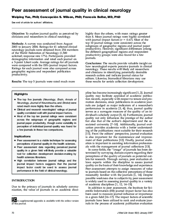 (PDF) Peer assessment of journal quality in clinical neurology