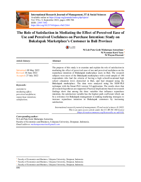 (PDF) Role of Satisfaction in Mediating the Effect of Perceived Ease of Use and Perceived ...