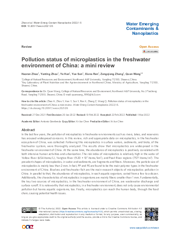 (PDF) Pollution status of microplastics in the freshwater environment of China: a mini review ...