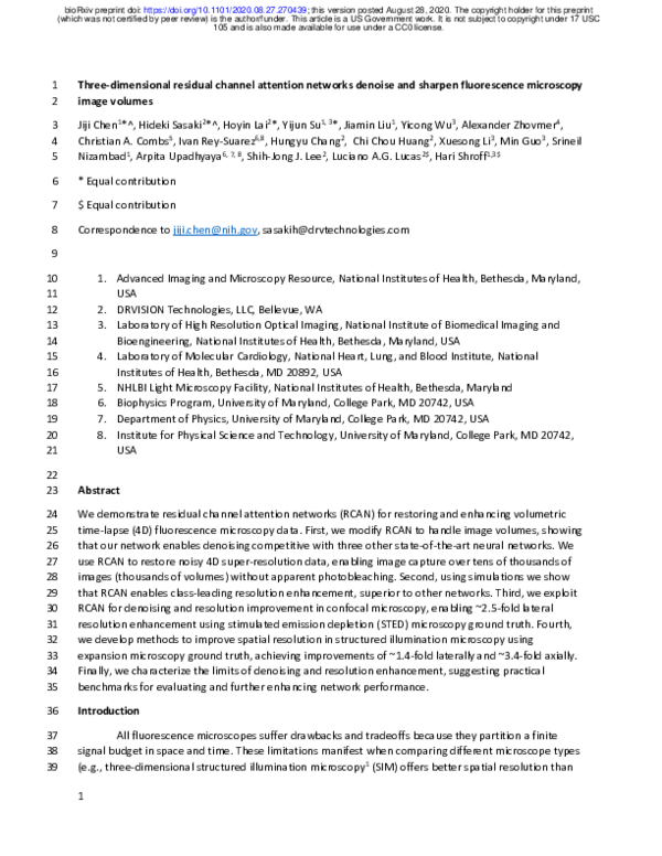 (PDF) Three-dimensional residual channel attention networks denoise and sharpen fluorescence ...