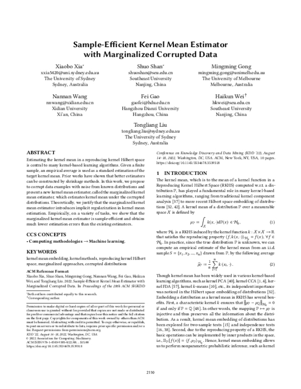 Pdf Sample Efficient Kernel Mean Estimator With Marginalized Corrupted Data Shuo Shan