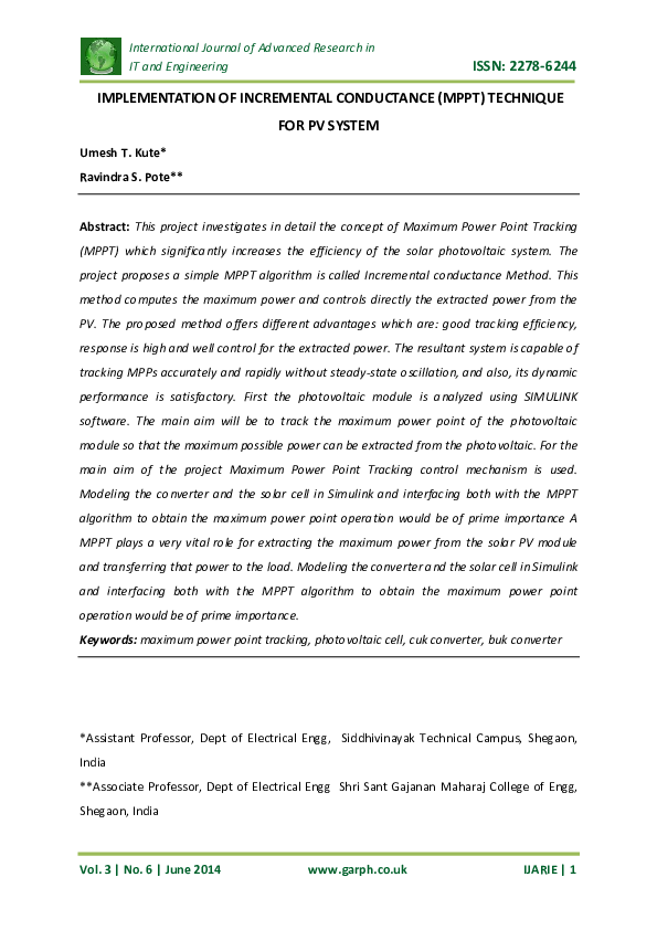 (PDF) Implementation of Incremental Conductance (MPPT) Technique for PV System