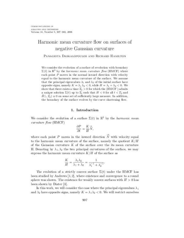 (PDF) Harmonic Mean Curvature Flow on Surfaces of Negative Gaussian Curvature