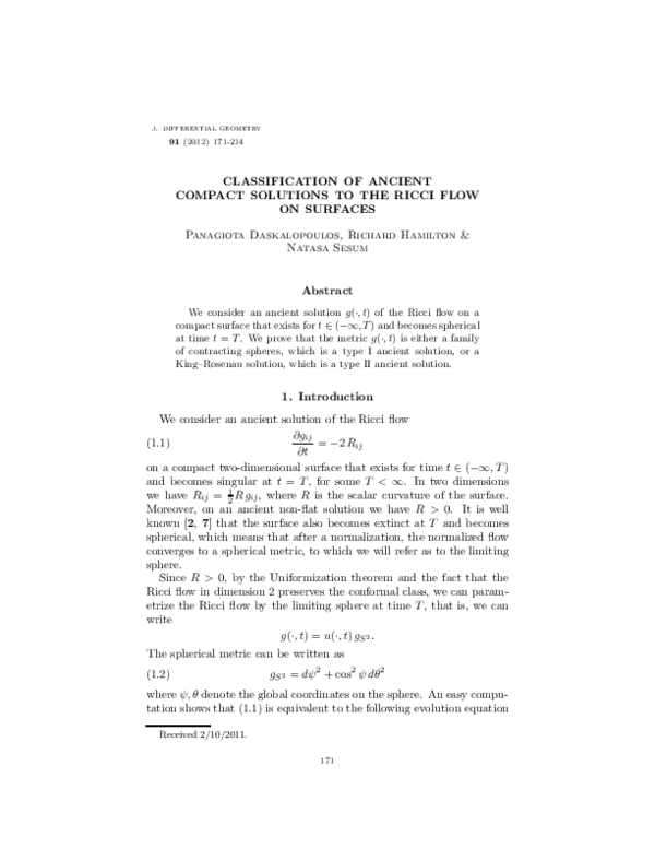 (PDF) Classification of ancient compact solutions to the Ricci flow on ...