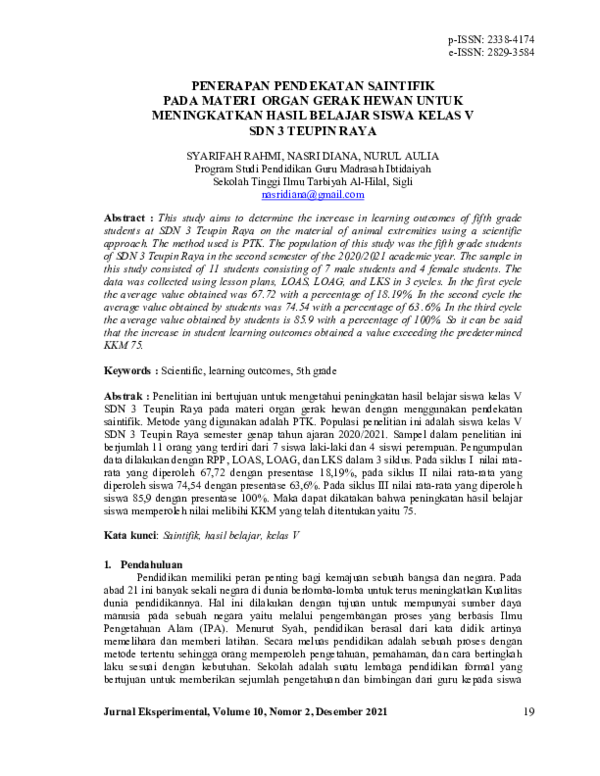 (PDF) Penerapan Pendekatan Saintifik Pada Materi Organ Gerak Hewan Untuk Meningkatkan Hasil ...