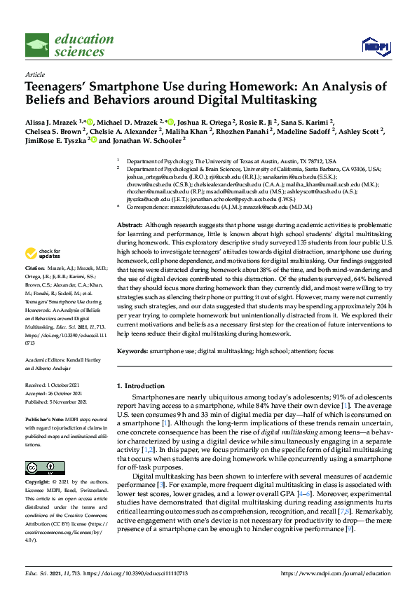 (PDF) Teenagers’ Smartphone Use during Homework: An Analysis of Beliefs ...