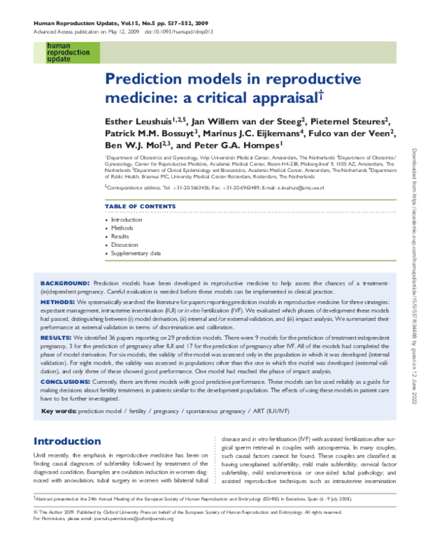 (PDF) Prediction models in reproductive medicine: a critical appraisal†