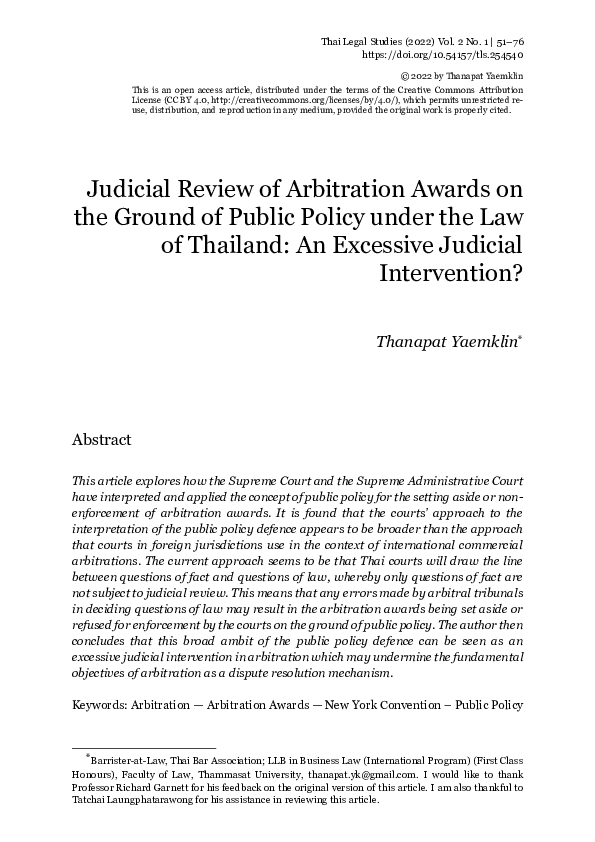 (PDF) Judicial Review of Arbitration Awards on the Ground of Public Policy under the Law of ...