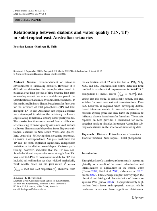(PDF) Relationship between diatoms and water quality (TN, TP) in sub-tropical east Australian ...