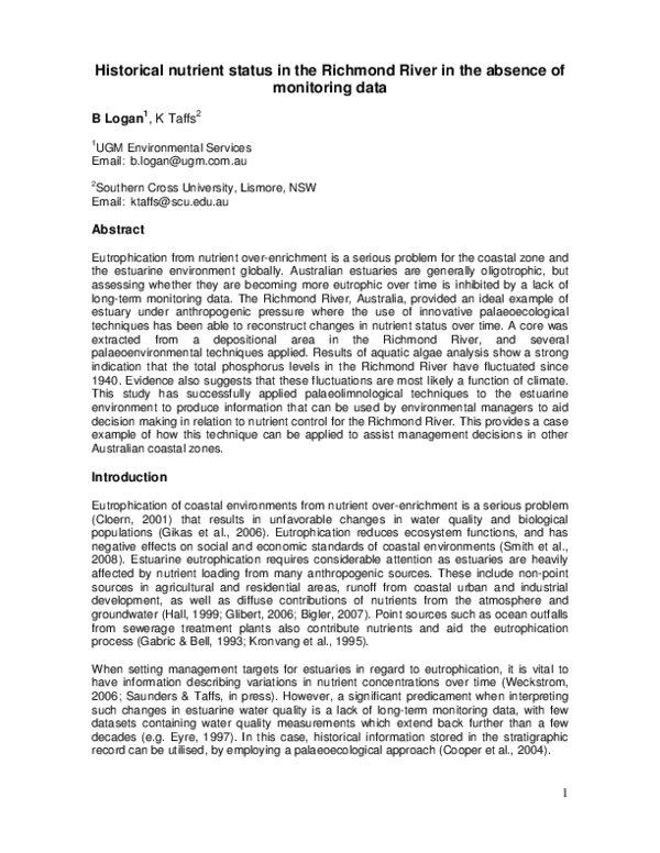 (PDF) Historical nutrients status in the Richmond River in the absence ...