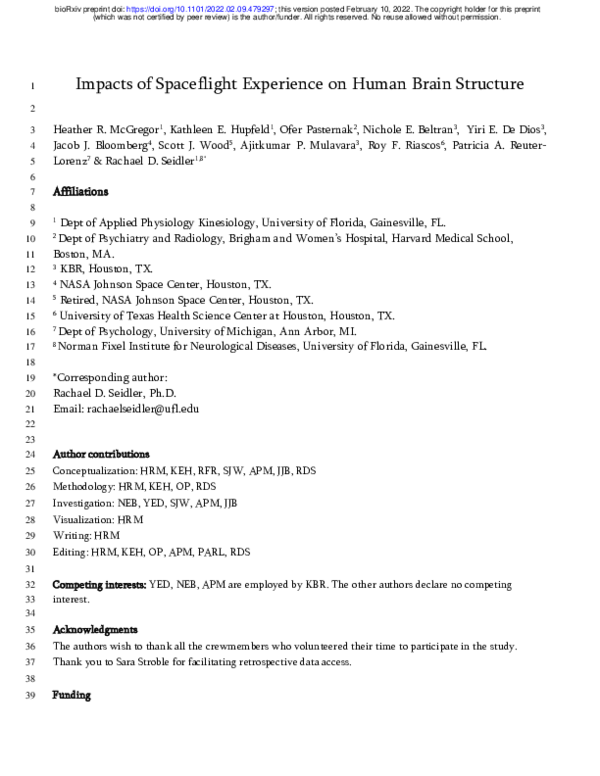 (PDF) Impacts of Spaceflight Experience on Human Brain Structure