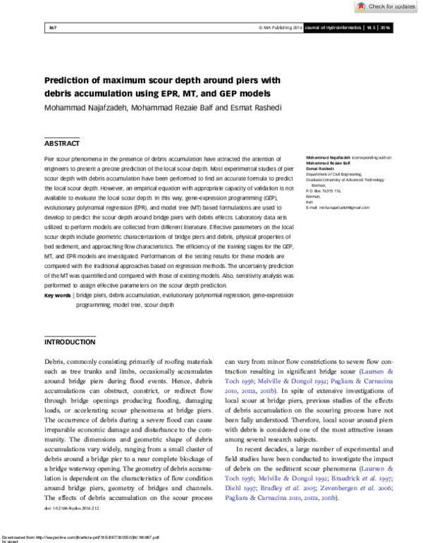 (PDF) Prediction of maximum scour depth around piers with debris accumulation using EPR, MT, and ...