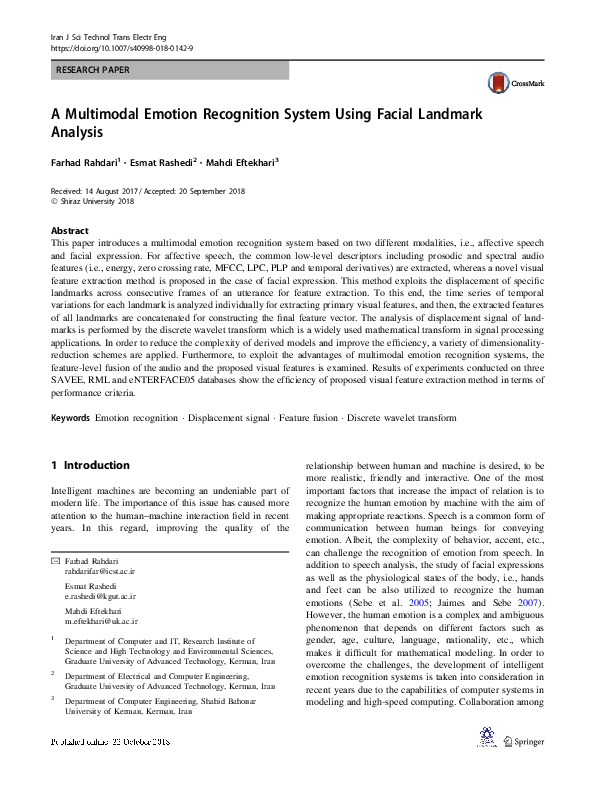 (PDF) A Multimodal Emotion Recognition System Using Facial Landmark Analysis