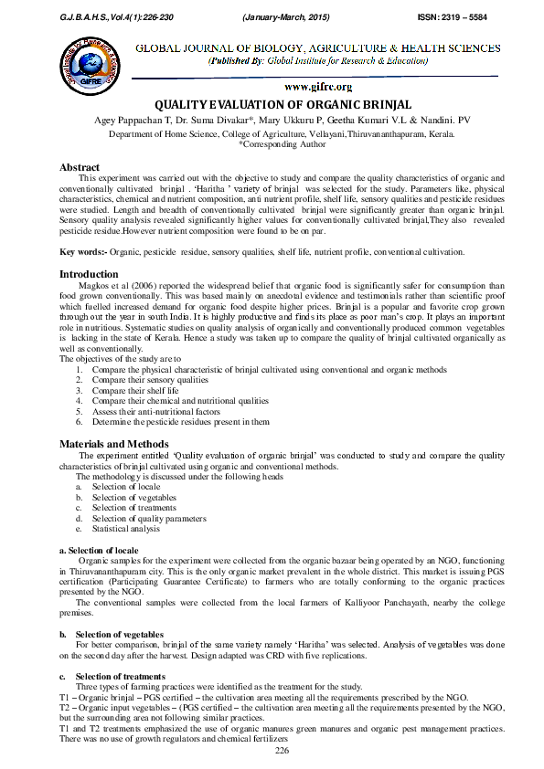 (PDF) Quality Evaluation of Organic Brinjal | Suma Divakar, KAU - Academia.edu