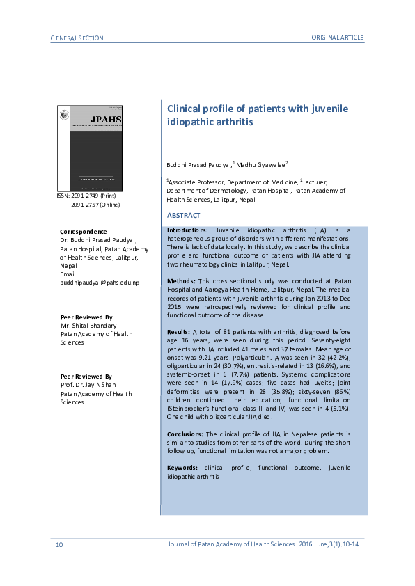 (PDF) Clinical profile of patients with juvenile idiopathic arthritis