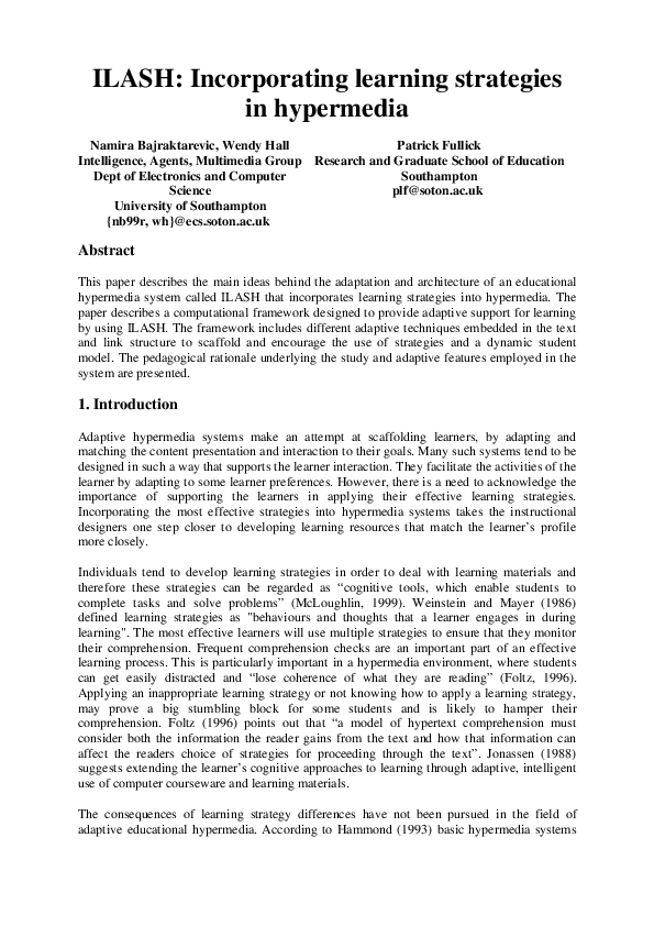 (PDF) ILASH: Incorporating learning strategies in hypermedia
