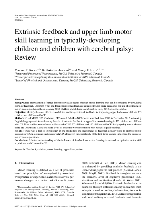 Extrinsic feedback and upper limb motor skill learning in typically-developing children and ...