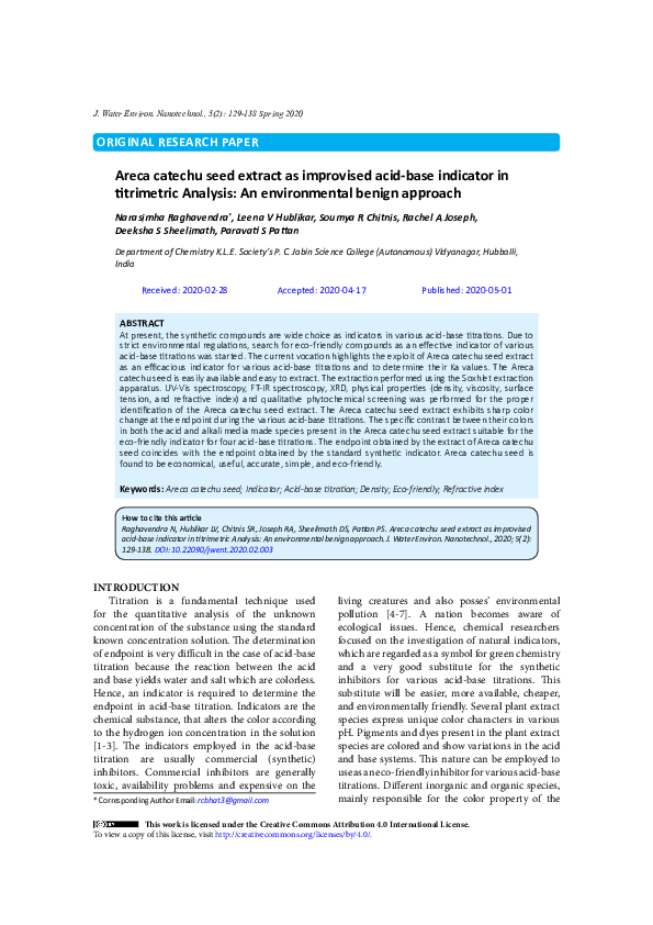 (PDF) Areca catechu seed extract as improvised acid-base indicator in titrimetric Analysis: An ...