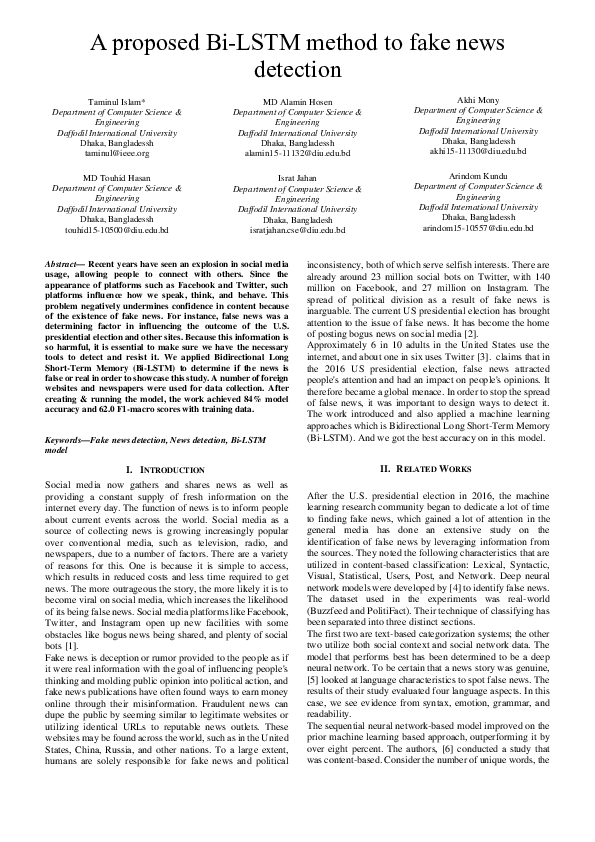 Pdf A Proposed Bi Lstm Method To Fake News Detection