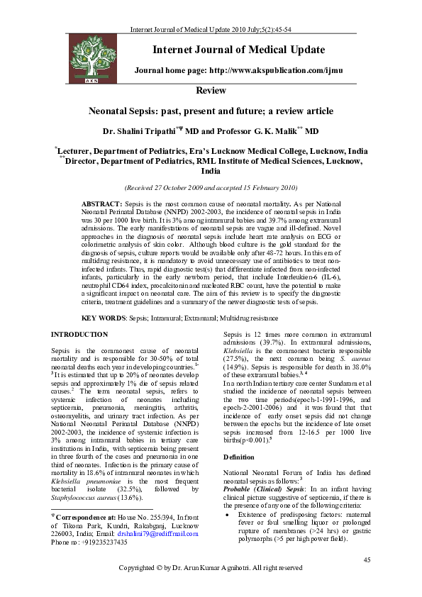 Pdf Neonatal Sepsis Past Present And Future A Review Article