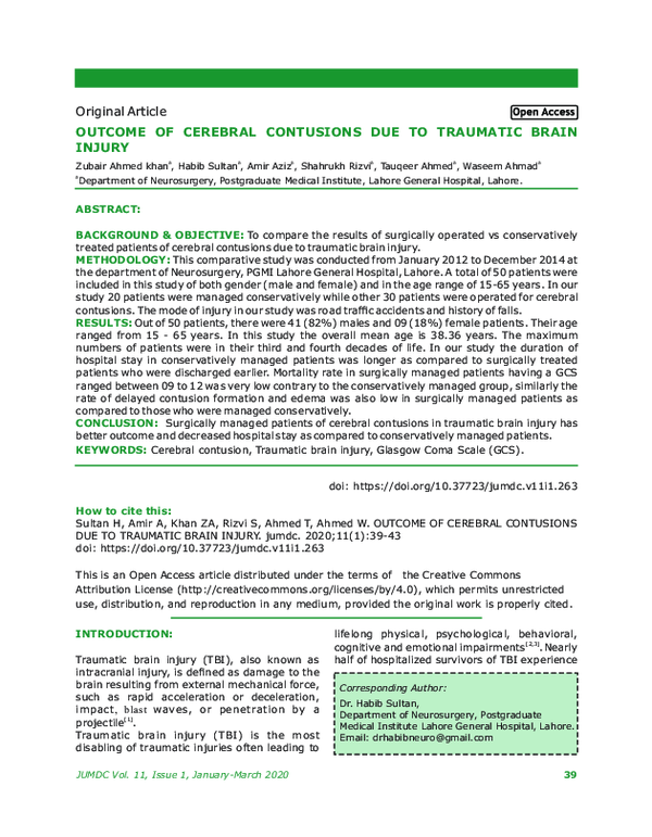 (PDF) Outcome of Cerebral Contusions Due to Traumatic Brain Injury
