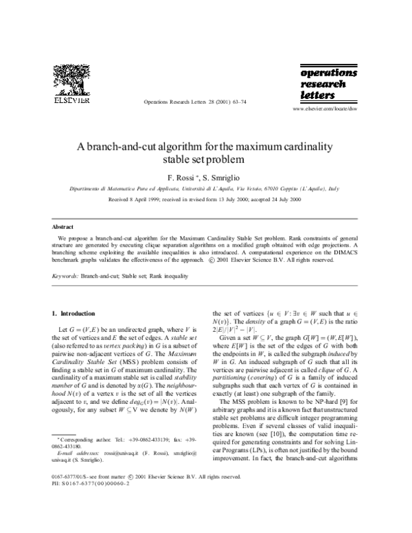 (PDF) A branch-and-cut algorithm for the maximum cardinality stable set problem | Stefano ...