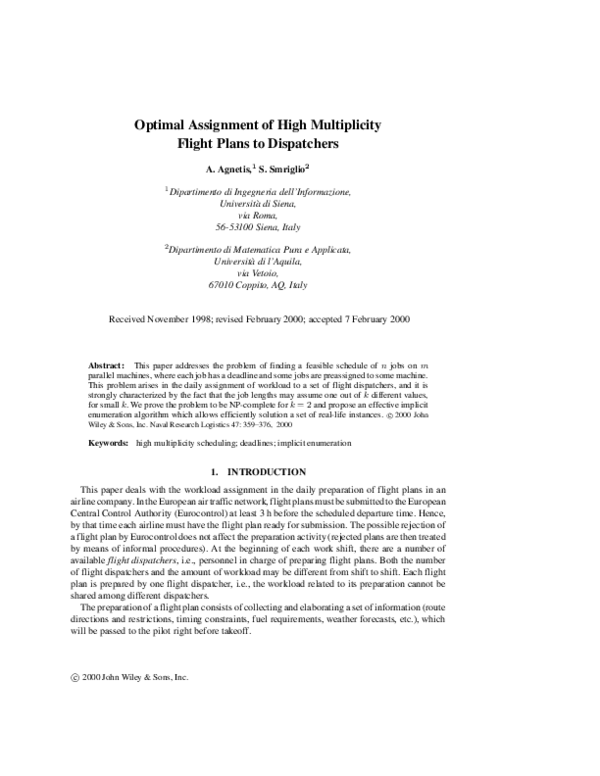 (PDF) Optimal assignment of high multiplicity flight plans to dispatchers