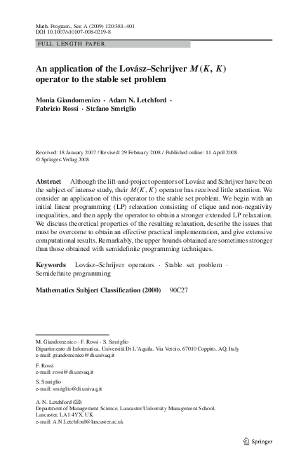 (PDF) An application of the Lovász–Schrijver M(K, K) operator to the ...