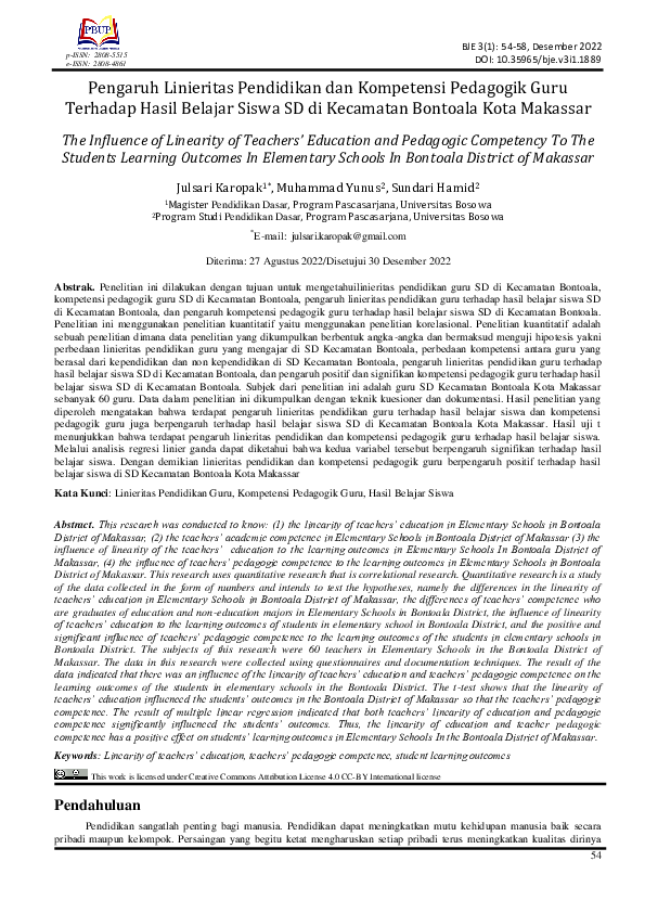 (PDF) Pengaruh Linieritas Pendidikan dan Kompetensi Pedagogik Guru Terhadap Hasil Belajar Siswa ...