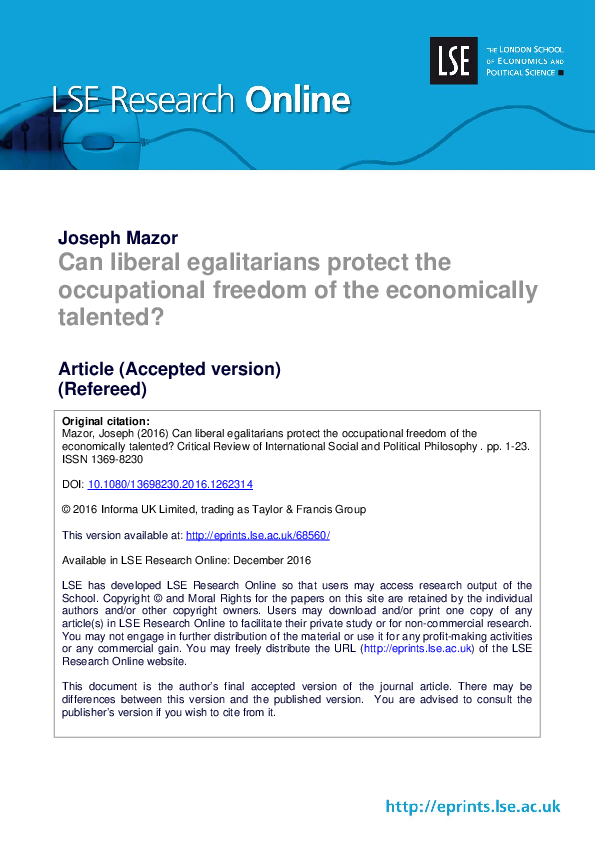 (PDF) Can liberal egalitarians protect the occupational freedom of the ...