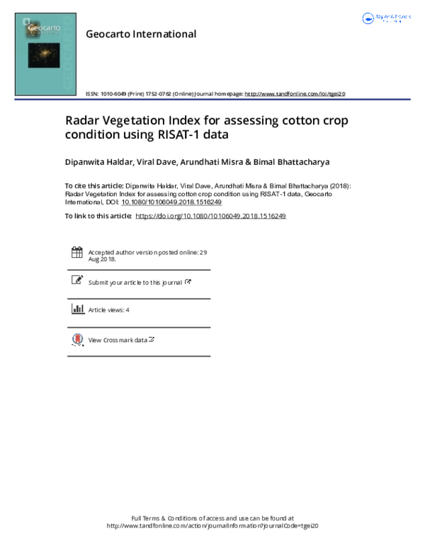 (PDF) Radar Vegetation Index for assessing cotton crop condition using ...