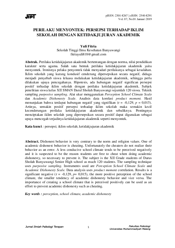 (PDF) Perilaku menyontek: Persepsi terhadap iklim sekolah dengan ...
