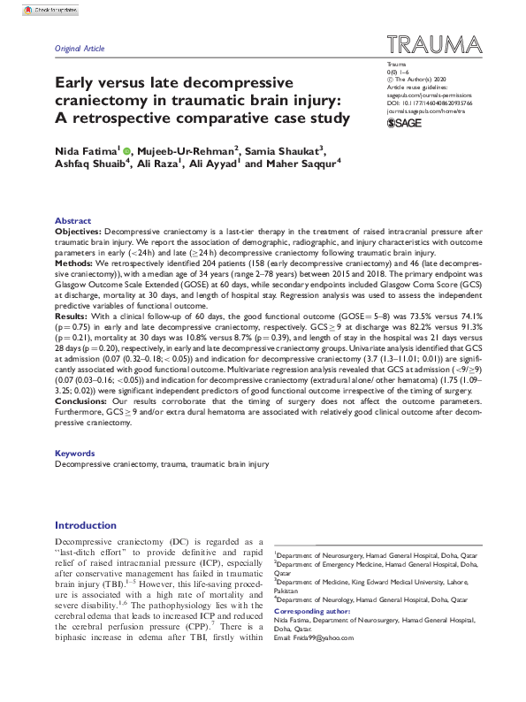 (PDF) Early versus late decompressive craniectomy in traumatic brain injury: A retrospective ...