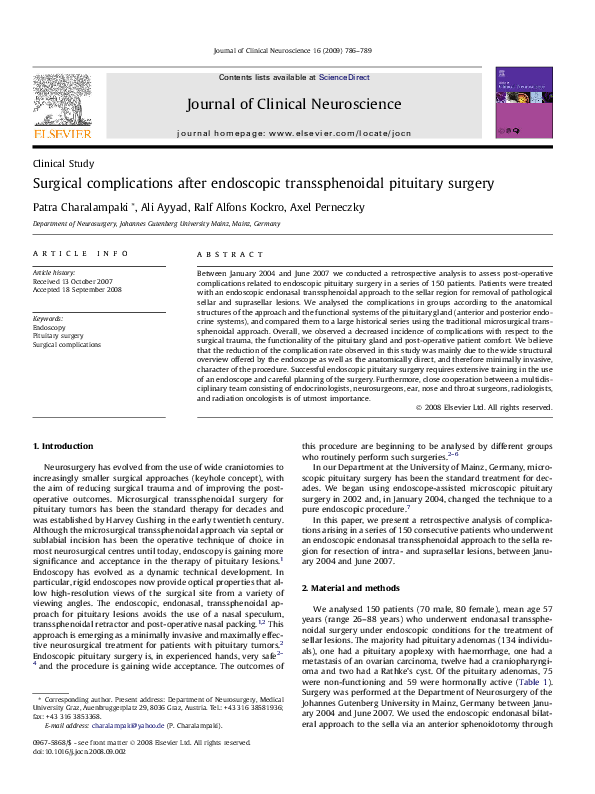 (PDF) Surgical complications after endoscopic transsphenoidal pituitary surgery | Ali Ayyad ...