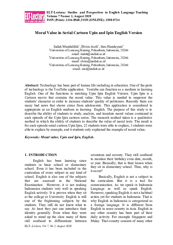 (DOC) Moral value in serial cartoon Upin and Ipin English version