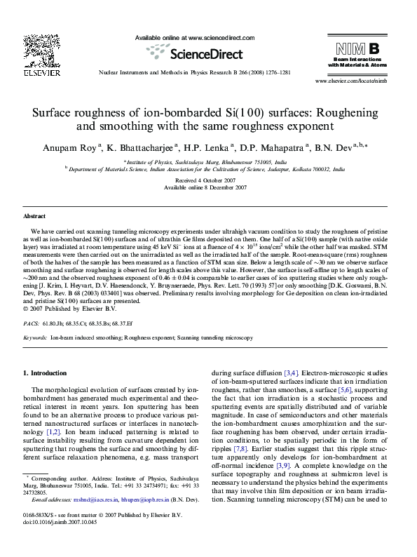 (PDF) Surface roughness of ion-bombarded Si(100) surfaces: Roughening and smoothing with the ...