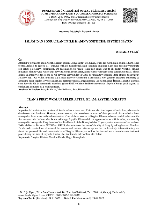 (PDF) İslâm’dan Sonra İran’ın İlk Kadın Yöneticisi: Seyyîde Hâtûn (Iran ...