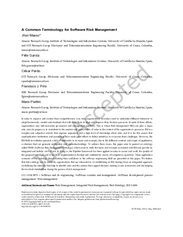 (PDF) A Common Terminology for Software Risk Management