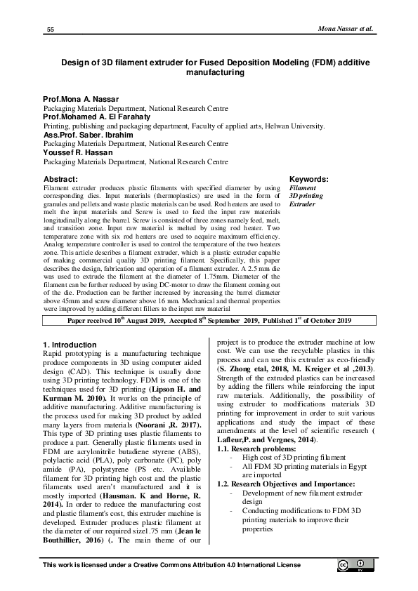 Pdf Design Of 3d Filament Extruder For Fused Deposition Modeling Fdm Additive Manufacturing