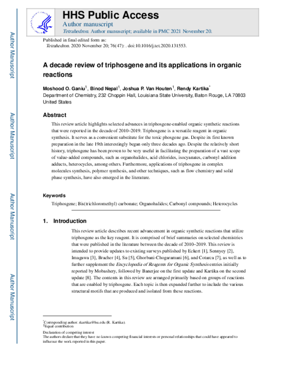 (PDF) A decade review of triphosgene and its applications in organic ...