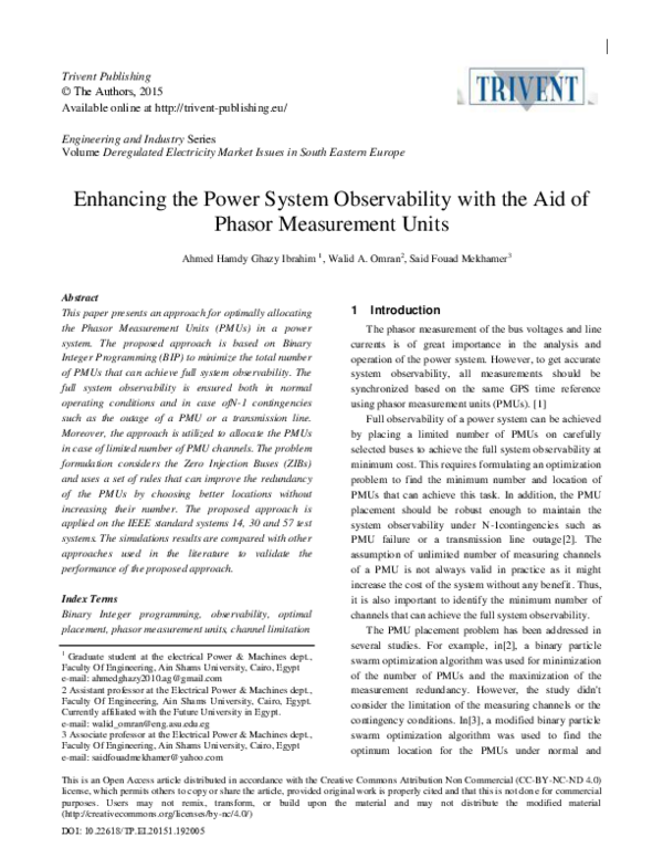 (PDF) Enhancing the Power System Observability with the Aid of Phasor ...