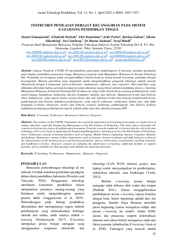 (PDF) Instrumen Penilaian Derajat Kecanggihan Pada Sistem E-Learning Pendidikan Tinggi