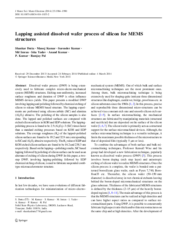 (PDF) Lapping assisted dissolved wafer process of silicon for MEMS ...