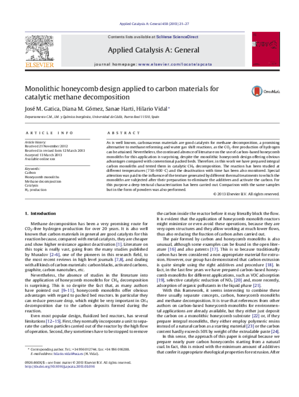 Pdf Monolithic Honeycomb Design Applied To Carbon Materials For Catalytic Methane Decomposition