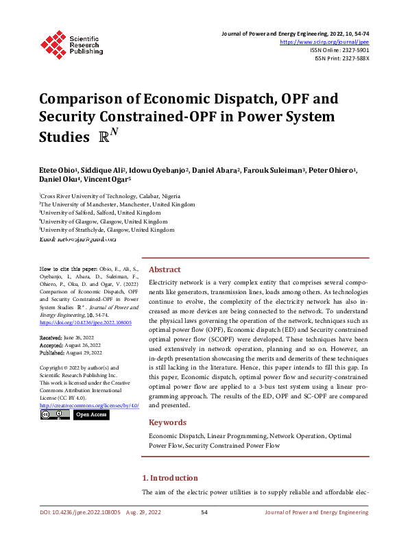 Pdf Comparison Of Economic Dispatch Opf And Security Constrained Opf 8873
