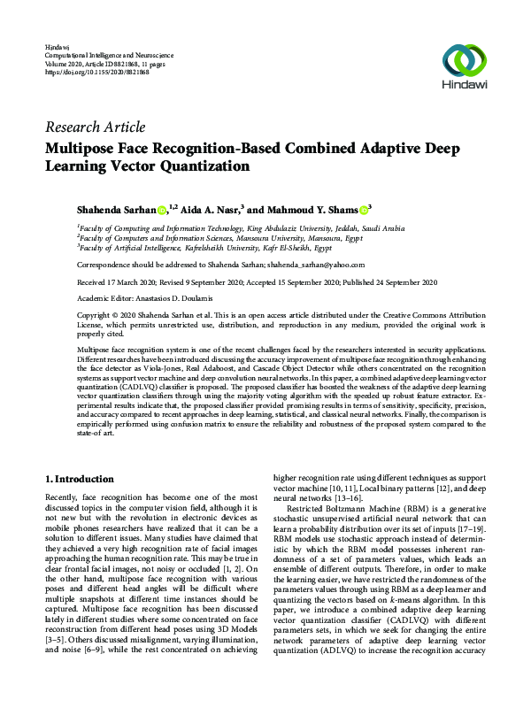 Pdf Multipose Face Recognition Based Combined Adaptive Deep Learning Vector Quantization