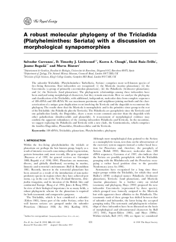 (PDF) A robust molecular phylogeny of the Tricladida (Platyhelminthes ...